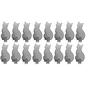 Zerodeko 16 Pack Adhesive Hooks Hat Hooks Hanger for Wall, Waterproof Stainless Steel Wall Hangers Sticky Hooks for Hanging Bathroom Kitchen Stick on Wall Hooks Cute Cat Shape