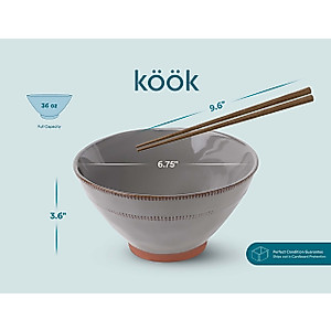KooK Terracotta Japanese Ramen Bowls, Microwavable, Dishwasher Safe, for Rice, Udon, Soba, Pho, 36 oz, with One Set of Wooden Chopsticks, Perfect For Gifting, Set of 2 (Carbon Grey)