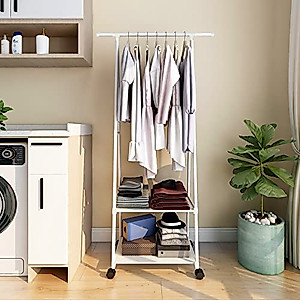 Jecpuo Clothes Rack Small Metal Garment Rack with Shelves for bedroom Rolling clothing rack for Hanging Clothes on Wheels for Hanging Clothes,clothes rack (White)