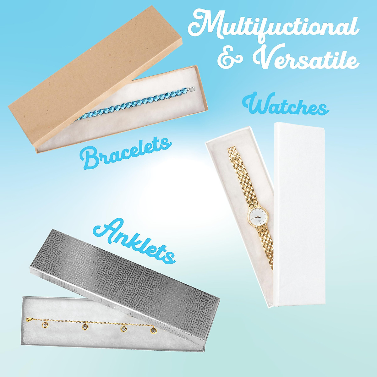 Prestige and Fancy Jewelry Gift Boxes, 20 Pack, 8 x 2 x 0.9 - Cotton Filled Cardboard Gift Box with Lids for Watches, Bracelets, Anklets, For Christmas, Party Favors, Jewelry Store (Gold)