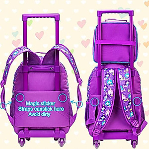 AGSDON 3PCS Rolling Backpack for Girls, Kids Roller Wheels Bookbag, Wheeled School Bag with Lunch Bag - Mermaid
