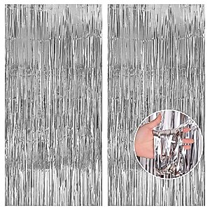 2 Pack 3.2ft x 8.2ft Foil Fringe Curtain Backdrop Metallic Tinsel Foil Fringe Curtains Party Decorations Silver Tinsel Streamer Backdrop Photo Booth Props for Birthday Graduation Baby Shower Wedding