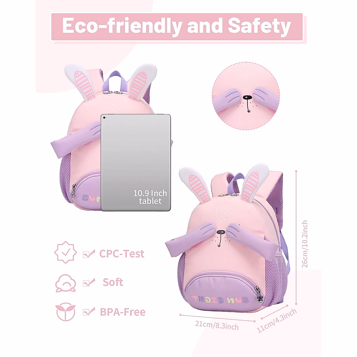 Tanou Toddler Backpack for Girls, 11'' Kids Backpacks for Pre-kindergarten, Cute Cartoon Animal Style School Bag for Little Kids Aged 1-3 Years, Pink Rabbit