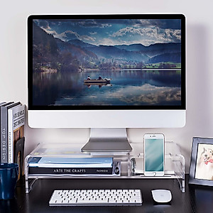 BEYGORM Acrylic Monitor Stand Riser, Wide 20", 2 Tier Computer Stand with Storage, Desk Organizer Desktop Printer Stand Laptop Storage Shelf Screen Holder with Phone Holder(Clear)