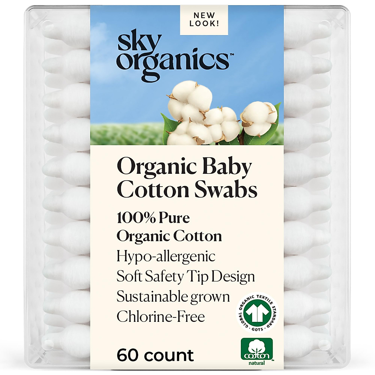 Sky Organics Organic Baby Cotton Swabs for Baby, 100% Pure Organic Cotton, GOTS Certified Organic Cotton, 60 Count