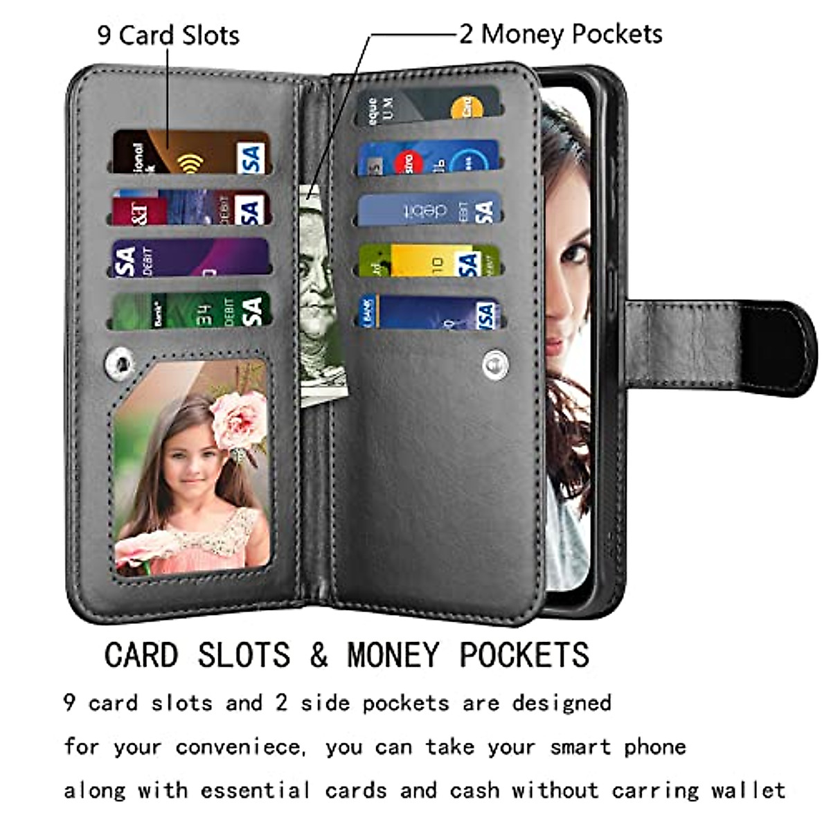 NJJEX Galaxy A14 5G Case, for Samsung Galaxy A14 5G Wallet Case, [9 Card Slots] PU Leather ID Credit Holder Folio Flip [Detachable] Kickstand Magnetic Phone Cover & Lanyard for Samsung A14 [Black]