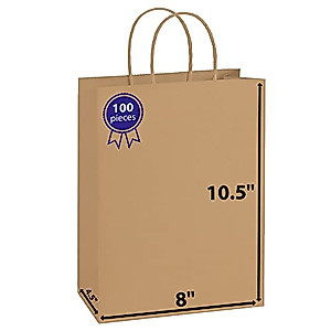 QUIDDITY WARE Paper Bags with Handles 100pcs-[8x4.5x10.5] Bulk. For Gift Bags, Wedding Bags, Party Bags, Shopping Bags, Kraft Bags, Retail Bags