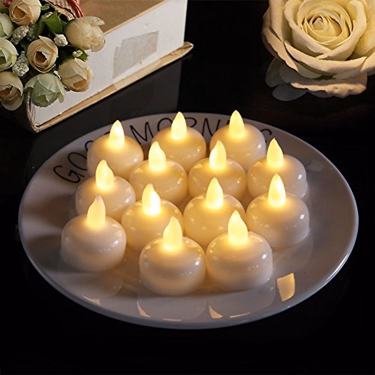 Homemory 24 Pack Waterproof Flameless Floating Tealights, Warm White Battery Flickering LED Tea Lights Candles - Wedding, Party, Centerpiece, Pool & SPA