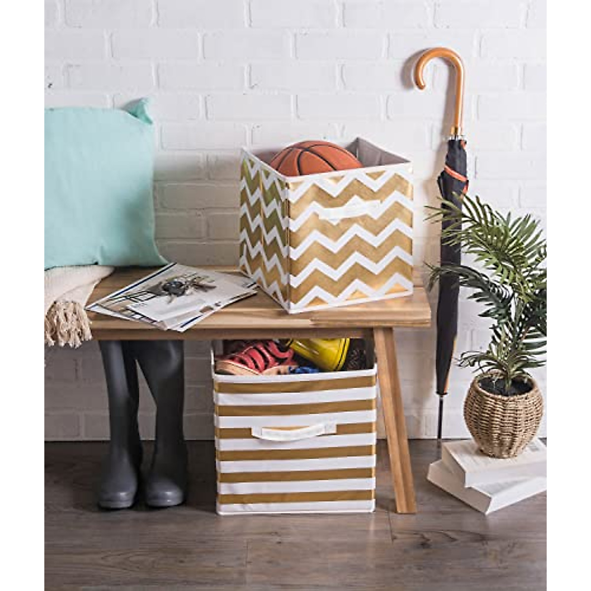 DII Non Woven Polyester, Metallic Chevron Storage Bin, Gold, Small Set of 2