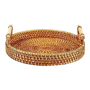 ORYOUGO Hand Woven Rattan Serving Tray Decorative Round Rattan Storage Plate with Handles Rustic Breakfast Fruit Snack Coffee Tea Baskets, L