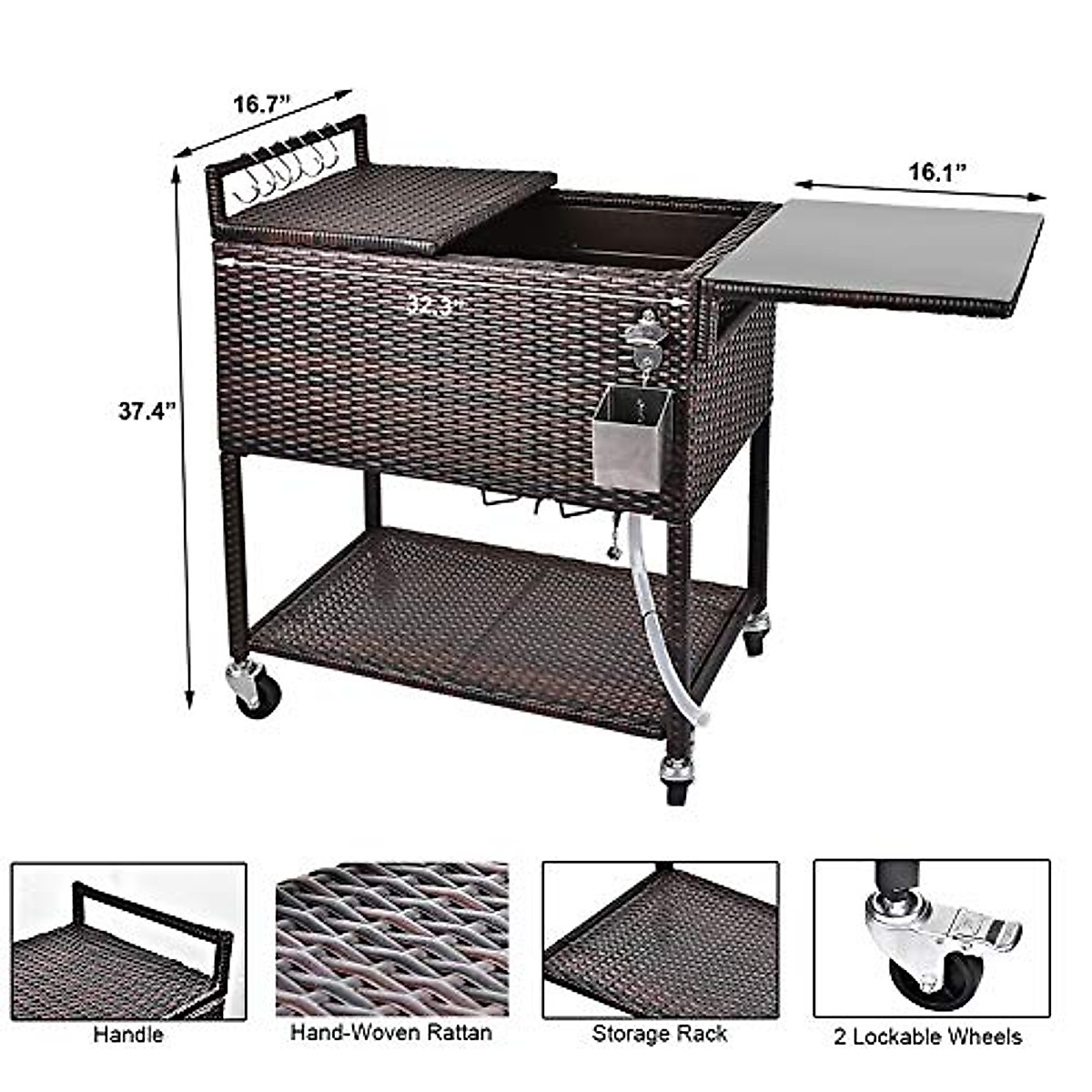 HOSFO 80 Quart Outdoor Rolling Patio Cooler Cart on Wheels, Portable Wicker Ice Chest, Rattan Beverage Bar for Patio Deck Party, Drink Cooler Cart with Bottle Opener, Cutting Board, Cover (Brown)