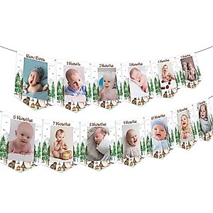 One Happy Camper Photo Banner for Boys Girls 1st Forest Safari Camping Theme Birthday Party Decorations Photo Banner from Newborn to 12 Months Adventure Camping Annual Milestone Photo Banner Supplies
