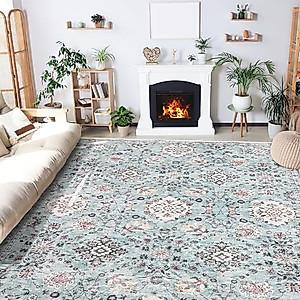 Mcadore 8x10 Area Rugs Washable Boho Rug, Non Slip Carpet for Living Room, Bedroom, Kitchen, Soft Low-Pile Rug, Turquoise Green/Floral