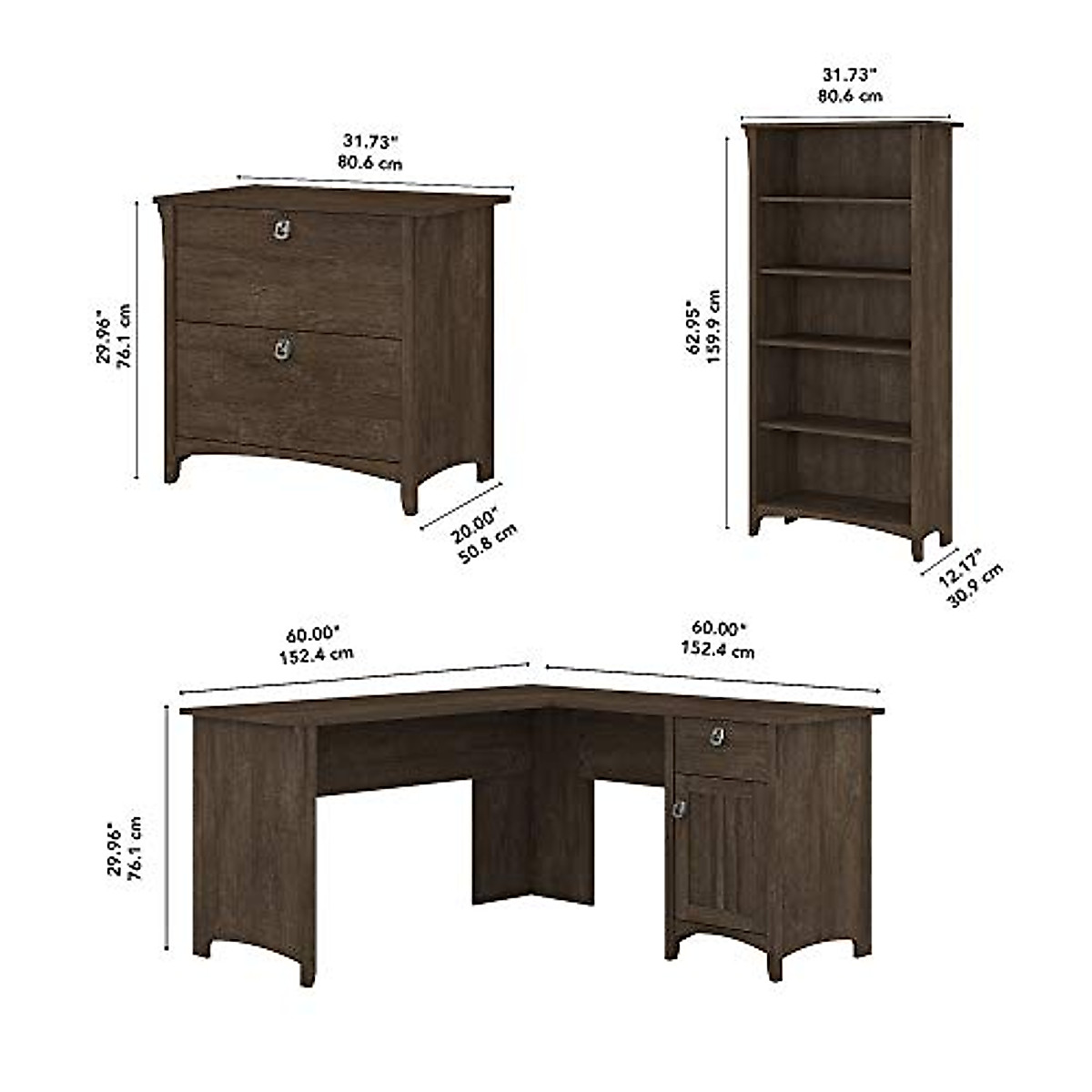 Bush Furniture Salinas L Shaped File 5-Shelf Bookcase | 3 Piece Living Room Furniture Set | Storage Cabinet, Bookshelf & Office Desk, 60W, Ash Brown