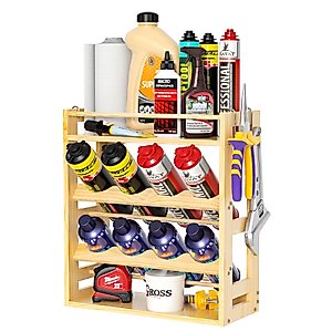 Nisorpa Spray Can Rack Holder Wooden Paint Bottle Organizer Lube Can Wall Mount Storage Rack Tool Storage Rack with 4 Hooks & 2 Selves for Garage & Workshop