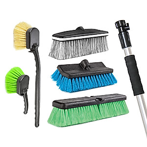 Harper 37518600 6-Piece Car Wash Brush Set with Telescoping Flow-Through Handle, (3) Brush Heads, (1) Soft Hand Brush and (1) Stiff Hand Brush