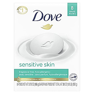 Dove Beauty Bar More Moisturizing Than Bar Soap for Softer Skin, Fragrance Free, Hypoallergenic Sensitive Skin With Gentle Cleanser 3.75 oz, 8 Bars