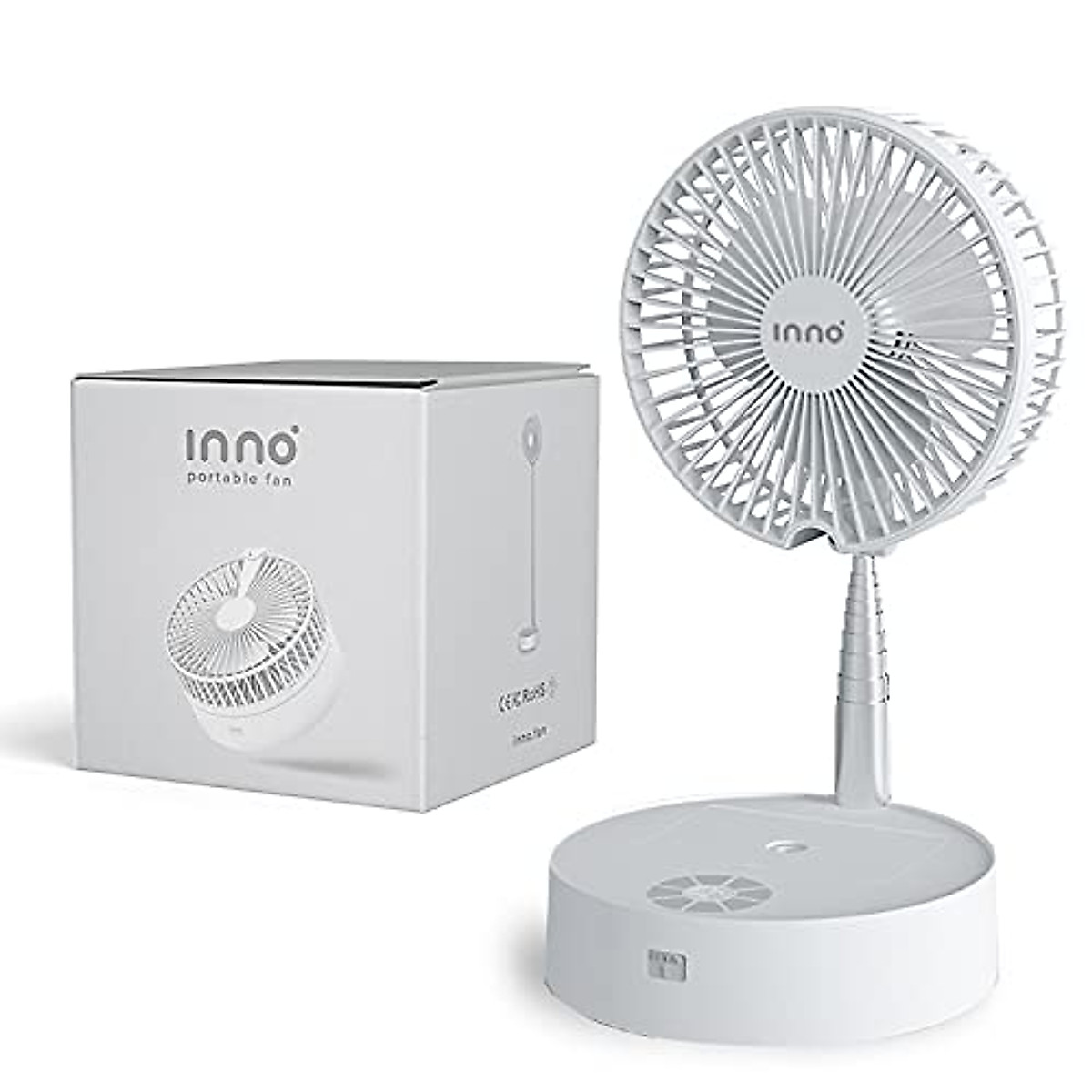 INNO Portable Fan & Essential Oil Diffuser – Foldable Standing or Desk Fan with Night Light, Air Diffuser, Humidifier – 24 Hr. Run Time White