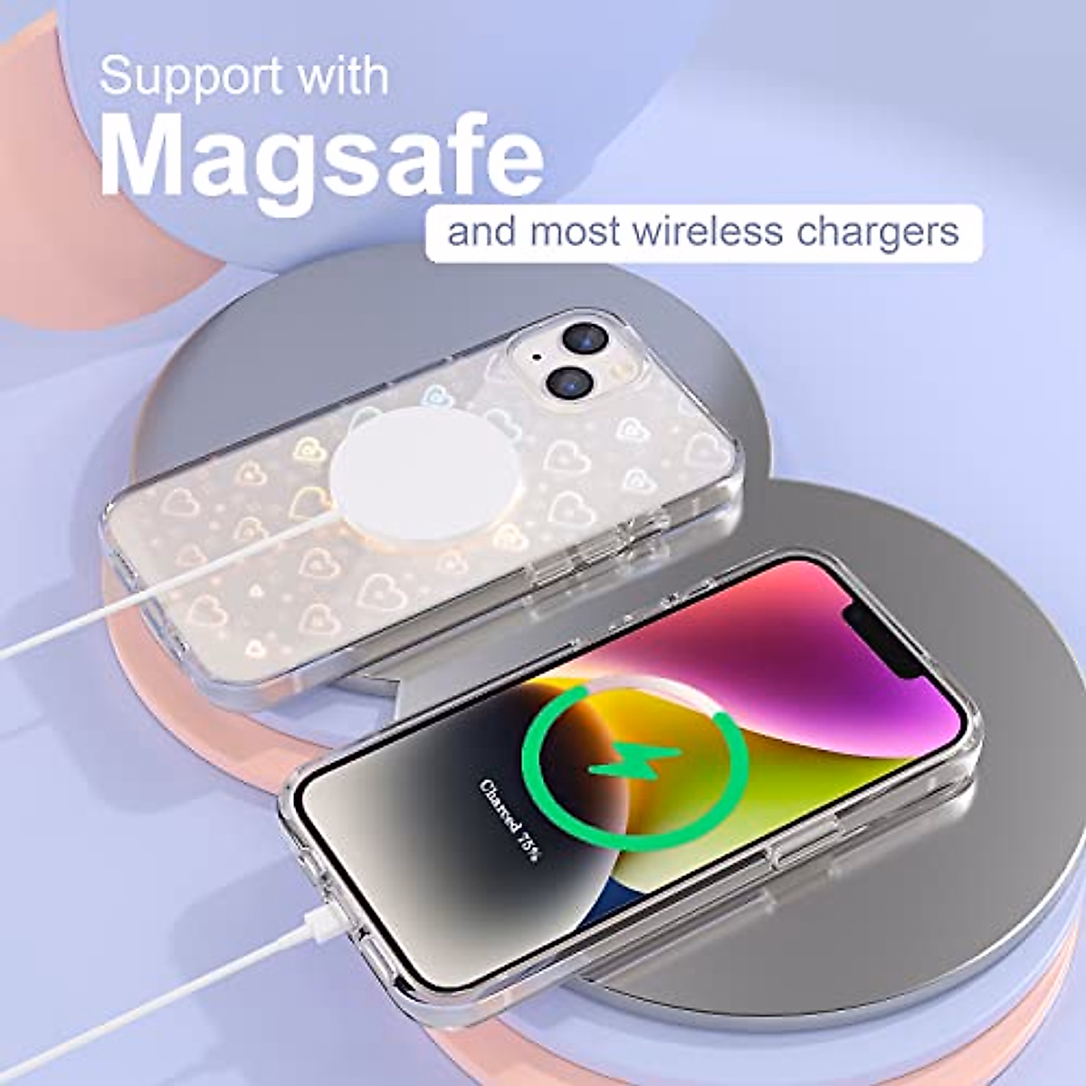 Tksafy Case Compatible iPhone 14 Case, Clear Glitter Cute Laser Holographic Love Heart Pattern for Women Girls, Anti-Yellow Hard PC Protective Phone Cover for iPhone 14 6.1-inch 2022, Rainbow Heart