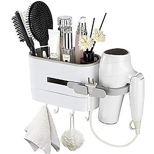 JIEFA Bathroom Storage Rack, No Need to Drill Stick Wall Mounted Hair Dryer Holder, Bathroom Storage Box, 4 Hooks (Grey)