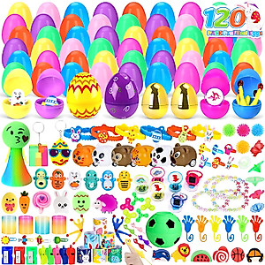 120 Pcs Prefilled Easter Eggs with Toys Inside, Pre Filled Plastic Easter Eggs Bulk for Easter Egg Hunt Supplies, Easter Party Favors, Easter Basket Stuffers Filler, Pre Stuffed Easter Eggs for Kids