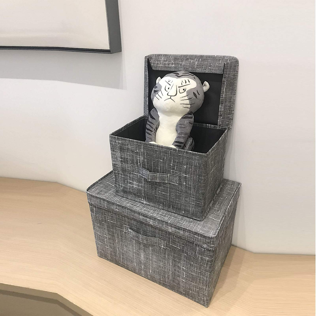 OBewe Foldable storage box Lid storage bin With handle storage box fabric container storage basket Convenient storage pack of 3 Suitable for home bedroom office(Gray, Medium)