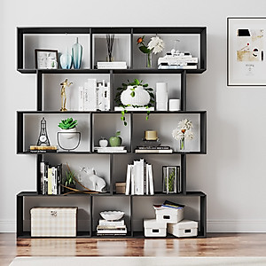Yusong Bookshelf 5-Tier, Geometric Bookcase S Shaped Book Shelves and 3 Tier End Table, Tall Side Table with Storage Cabinets,Black