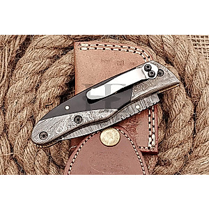 HUNTEX Custom Handmade Hand-Forged Twist Pattern Damascus Steel 4 Inch Long Natural Walnut Wood Handle Razor Sharp Hunting Folding Pocket Spear Knife with Pocket Clip & Genuine Leather Pouch