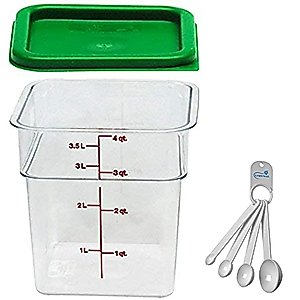 Lumintrail Cambro Polycarbonate Square 4 Quart Food Storage Container, Clear, with Kelly Green Lid, Bundle with a Measuring Spoon Set