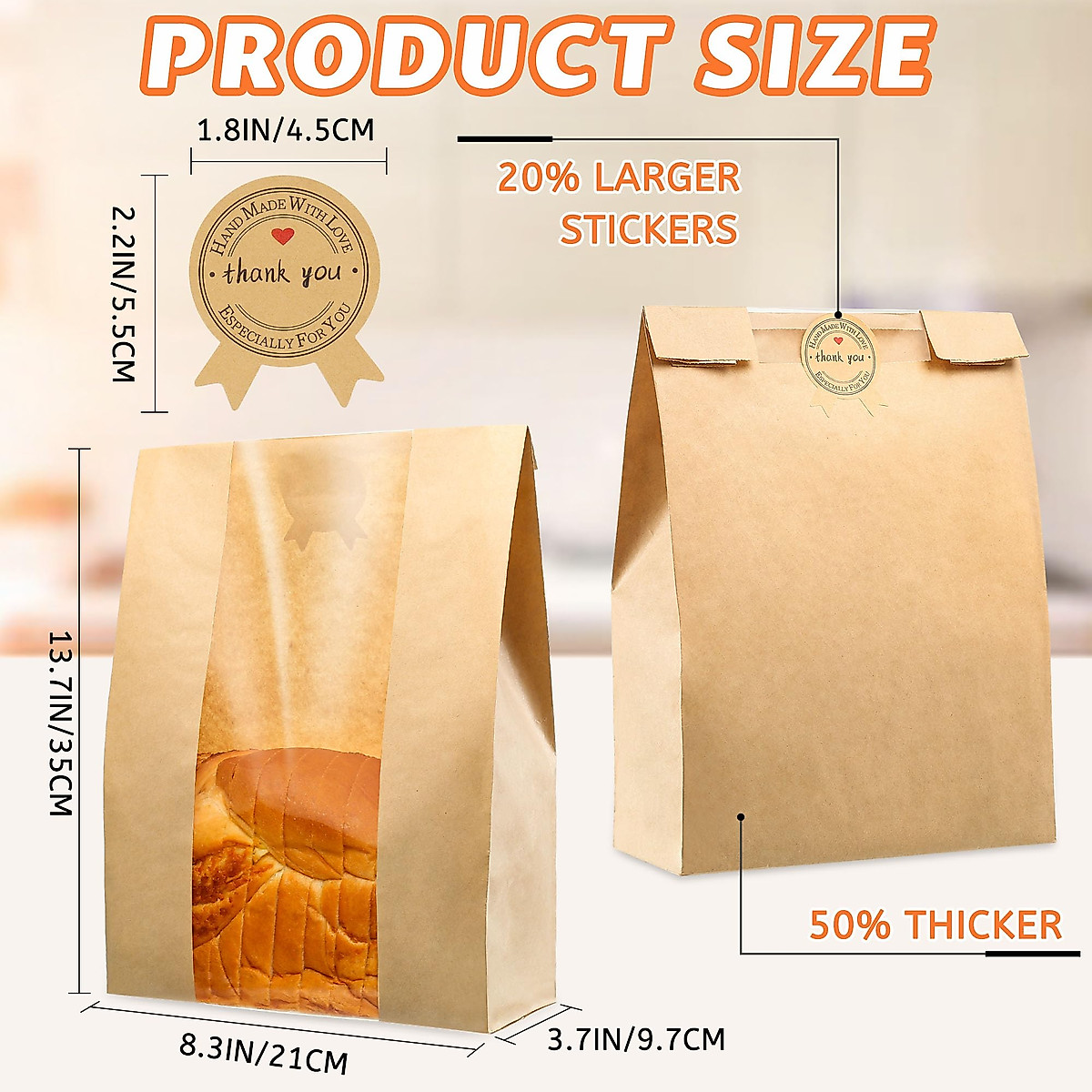 AZLTC 25 Pcs Brown Paper Bread Bags with Window, 50% Thicker, 13.7x8.3x3.7in, Disposable, Paper with Plastic Window, Perfect for Homemade Bread, Sourdough, Sandwiches & Snacks