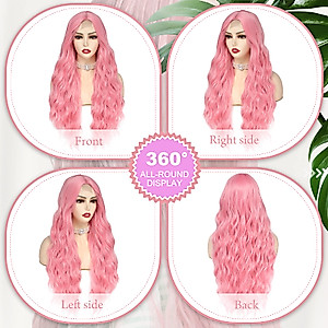 BUPPLER Cosplay Long Pink Wig 28 Inch Middle Part Synthetic Wig Realistic Gifts Party Wigs for Women Daily Use Colorful Wigs (Pink)