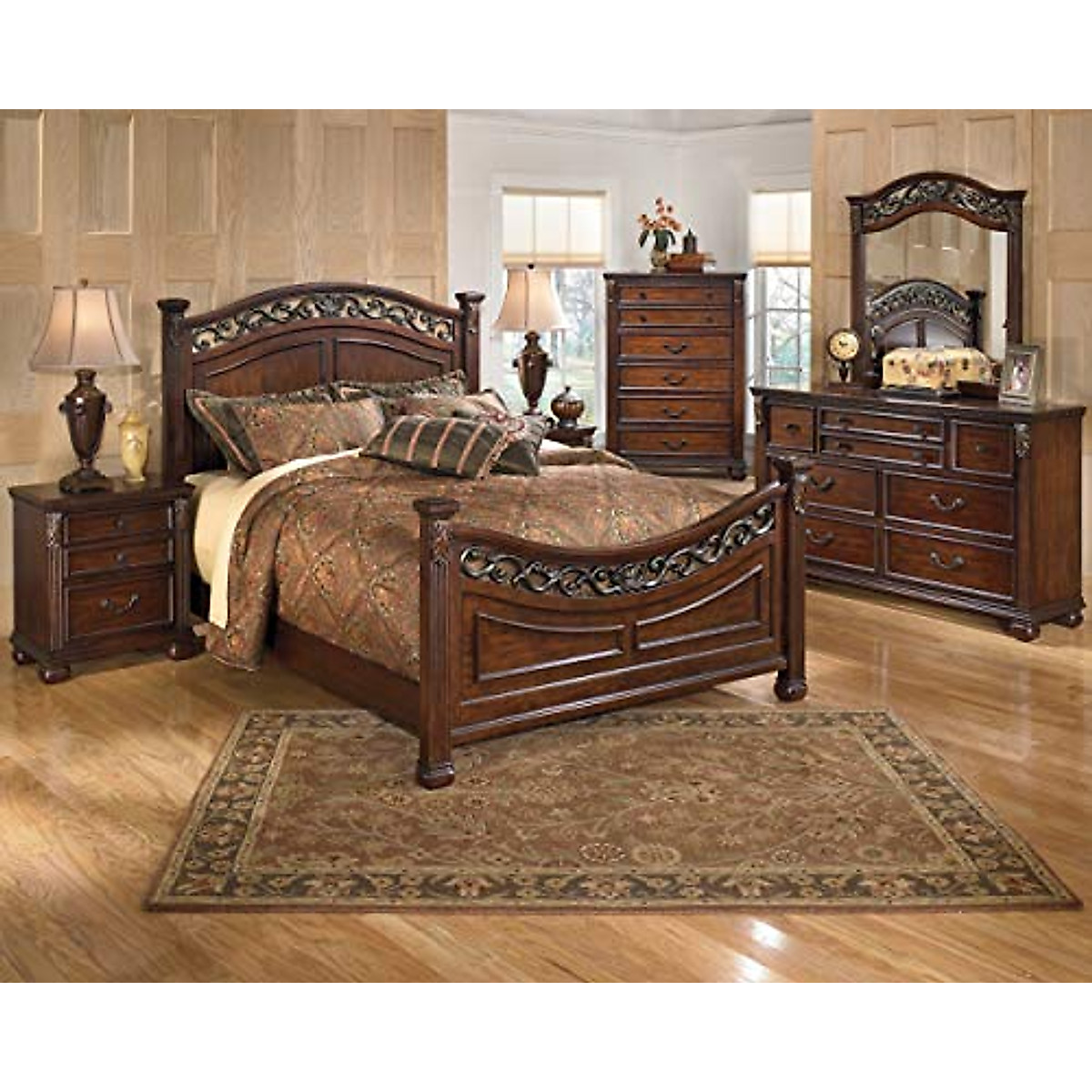 Signature Design by Ashley Leahlyn Traditional Ornate 7 Drawer Dresser, Warm Brown & Leahlyn Traditional 2 Drawer Nightstand, Warm Brown