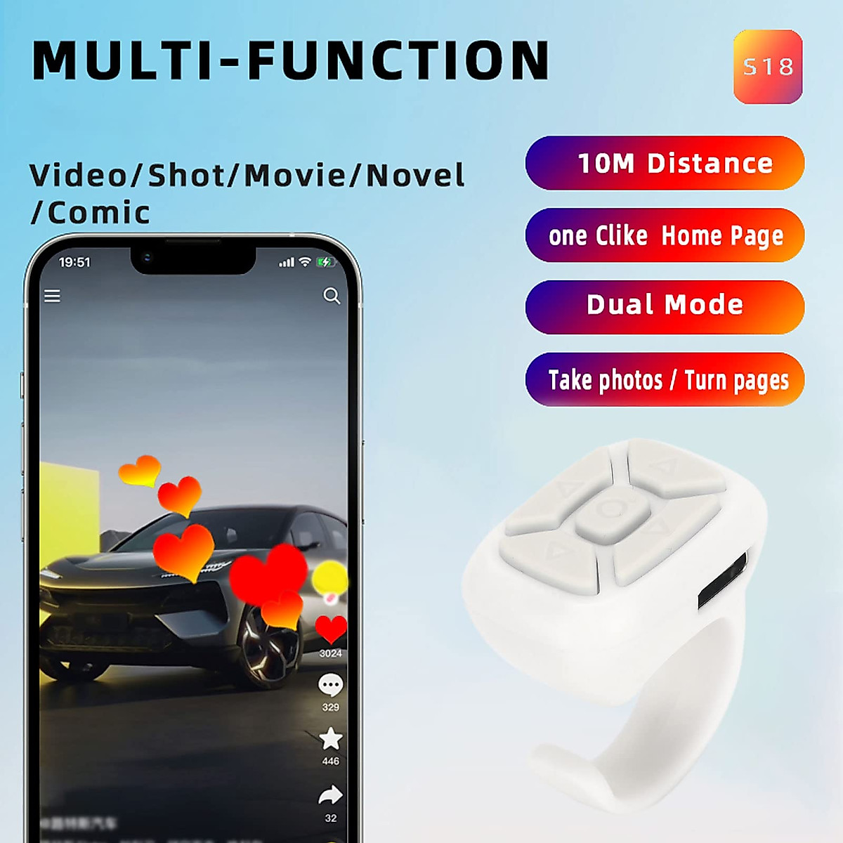 Phone Remote Control Shutter, Sensitive Multifunctional Smart Phone Remote Control Page Turner for Reading Novels (White)
