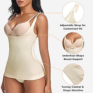 EUYZOU 2PK Women's Tummy Control Shapewear Tank Tops Underbust Compression Shape Wear Seamless Body Shaper Camisole, Black/Beige L