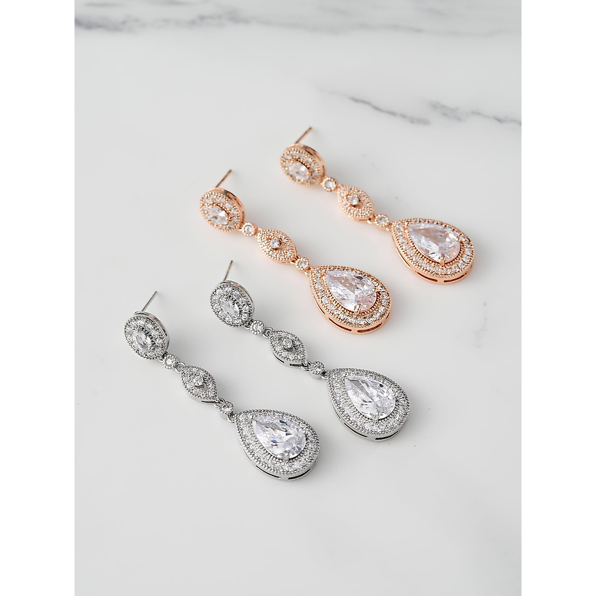 SWEETV Cubic Zirconia Teardrop Wedding Bridal Earrings for Women,Bridesmaids,Brides - Crystal Rhinestones Dangle Earrings Jewelry,Silver