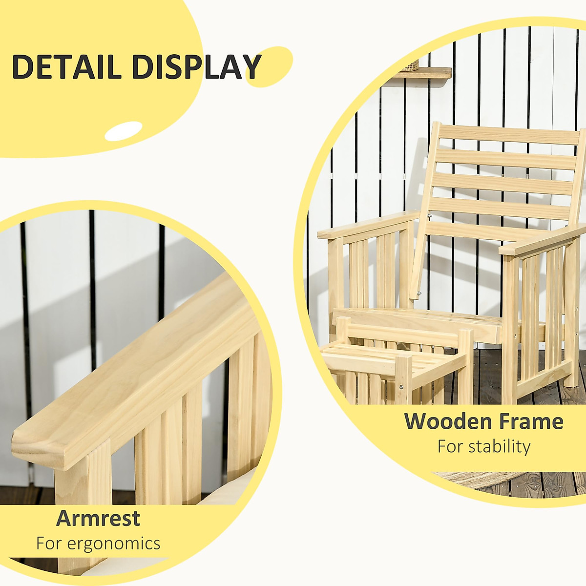 Outsunny 2-Piece Patio Furniture Set with 1 Armrest Single Chair and an Ottoman, Outdoor Wooden Chair with 4" Thick Padded Cushions for Backyard, Porch, and Poolside, Beige