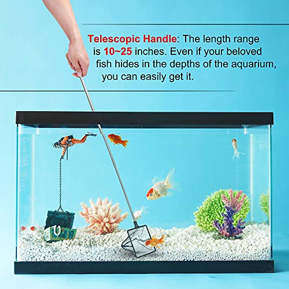 DaToo 5 Inch Aquarium Fish Net for Betta Fish Tank Nano Nylon Net with Extendable Handle 10-25 Inch, 1 Yr Warranty