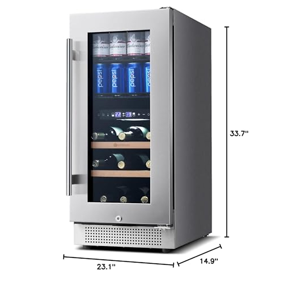 WINEBOSS 15 Inch Wine and Beverage Refrigerator, 13 Bottle & 48 Cans Dual Zone Built-in Under Counter Cooler Freestanding Cellars Fridge with Upgrade Compressor Tempered Glass Door Lock, Small Chiller