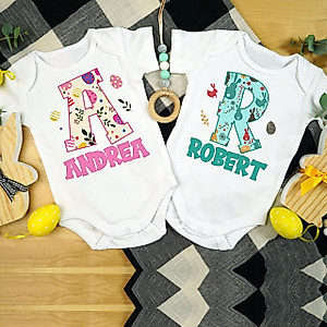 Personalized My First Easter Baby Onesie w/Name - 9 Design Customize 1st Boy Outfits Gifts Custom Girl Outfit Bunny Clothes Kids Bodysuit Newborn 6M 12M 18M 24M C1, White