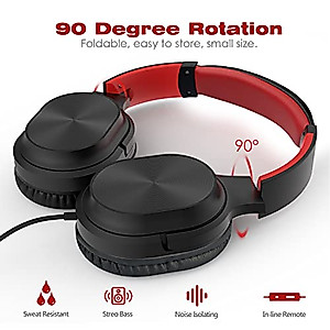 Besom On-Ear Headphones with Microphone Lightweight Folding Stereo Headset Tangle Free Cord, Wired Headphones for Cellphones Smartphone Tablet Laptop Computer MP3/4 (Red)