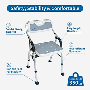 Folding Shower Chair for Inside Shower, Foldable Shower Chair for Seniors Elderly Handicap Disabled, Bath Shower Seat with Arm and Back for Adult, Bathroom Tub Transfer Bench (Grey, L)