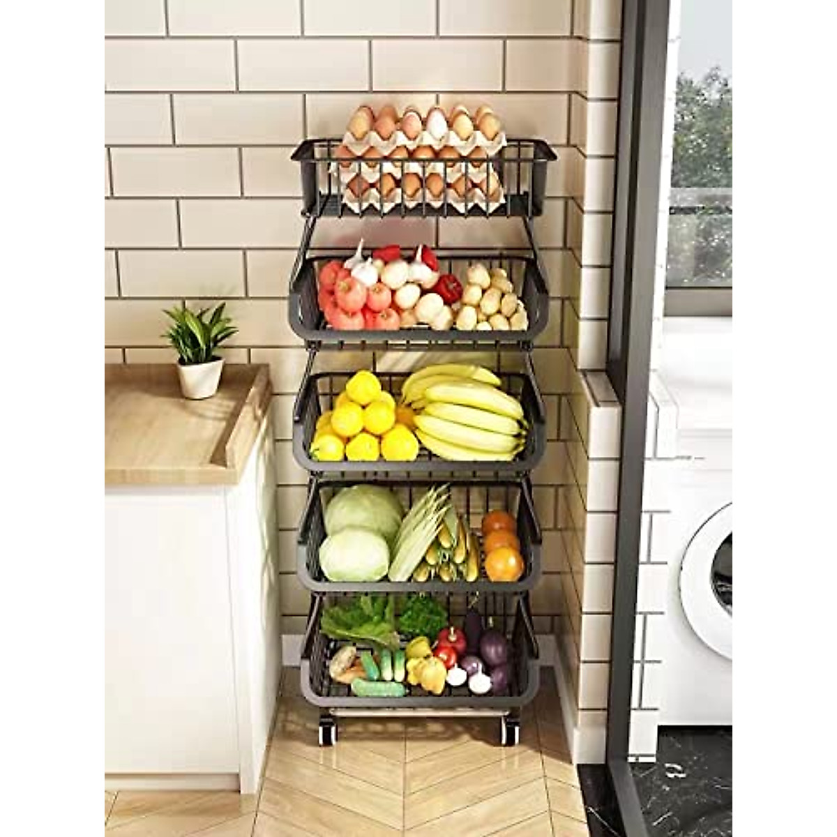 OKZEST 5 Tier Fruit Basket for Kitchen, Rolling Vegetable Fruit Storage Basket Stand Organizer Cart for Snack Potato Onion Produce, Utility Stackable Metal Wire Storage Bin Rack with Wheels for Pantry