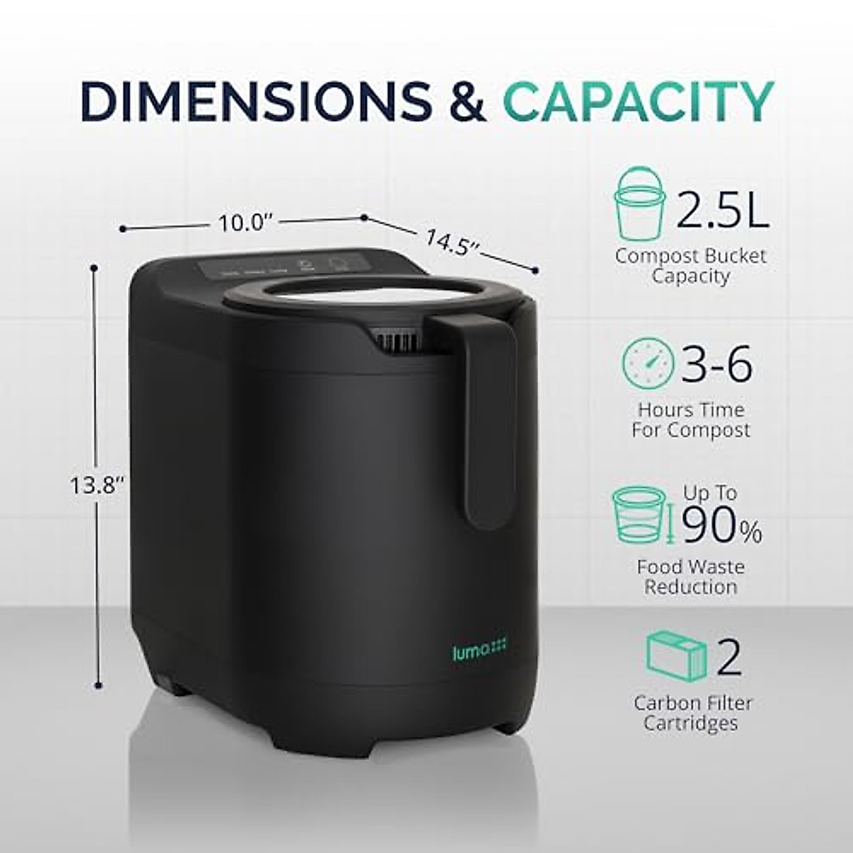 Luma Electric Kitchen Composter, 2.5L Capacity Odorless Countertop Compost Bin with Lid Clear-View Window, Smart Trash Can for Food Disposal, Turn Food Waste into Nutrient-Rich Plant Food
