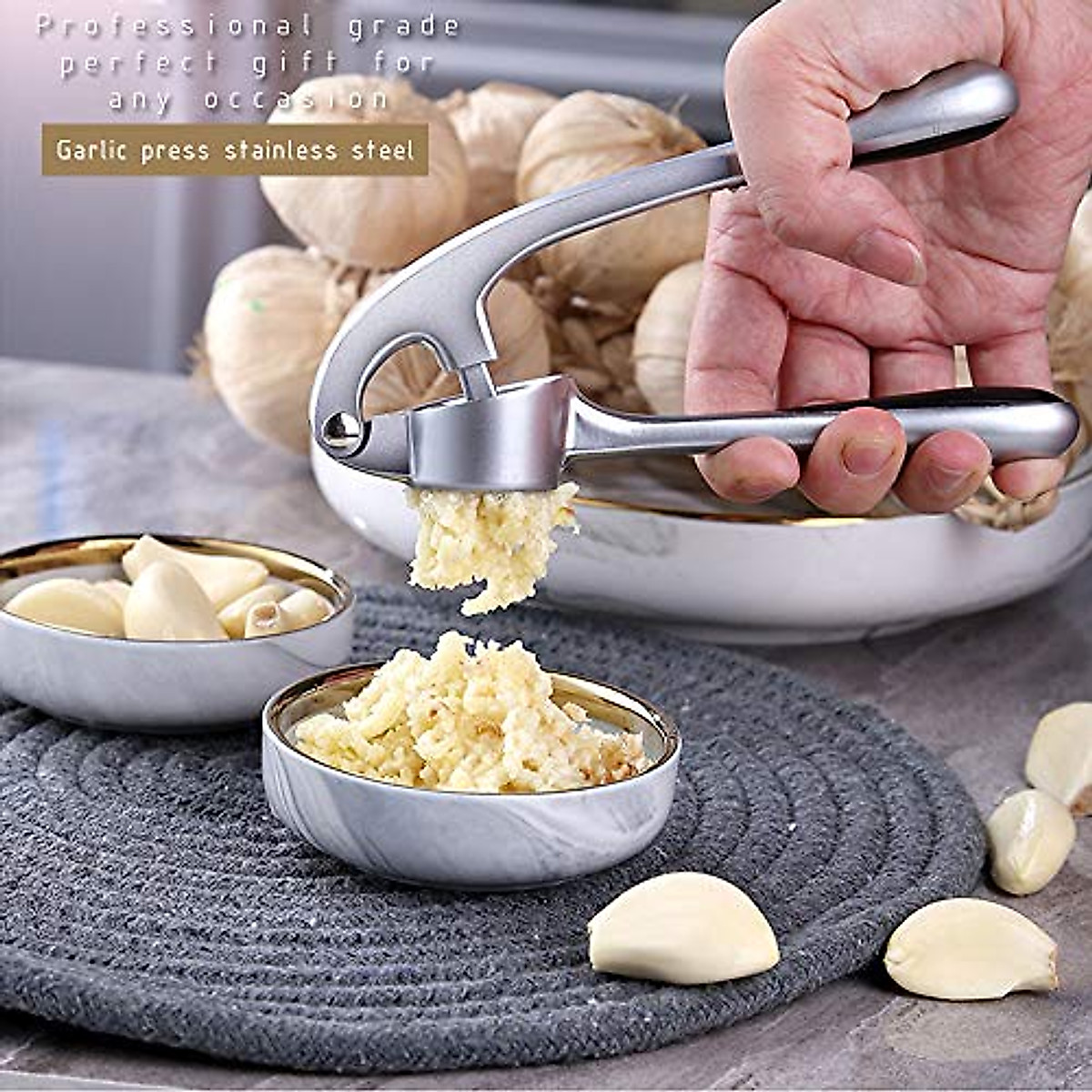 Garlic Press, Stainless Steel Garlic Press Tool with Cleaning Brush and Silicone Garlic Peeler 3 Pcs By Lechay