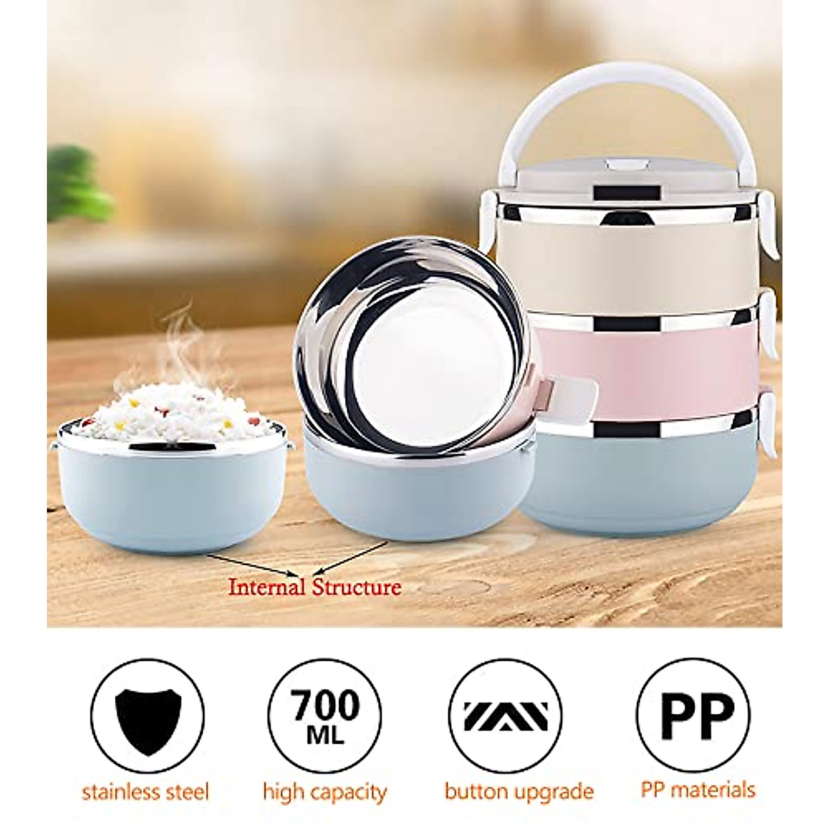 AOSUYOU 3 Layer Stainless Steel Leakproof Lunch Box, Portable Carry Hand Food Storage Container for Work Lunches, Picnic, Travel, Camping with Lunch Bag