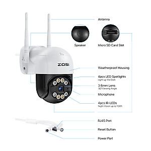 ZOSI 2MP 1080P HD-TVI CCTV Home Security Camera with Audio, Built-in Mic, 120ft IR Night Vision, C289 1080P WiFi Pan/Tilt Outdoor Security Camera, Color Night Vision,2-Way Audio