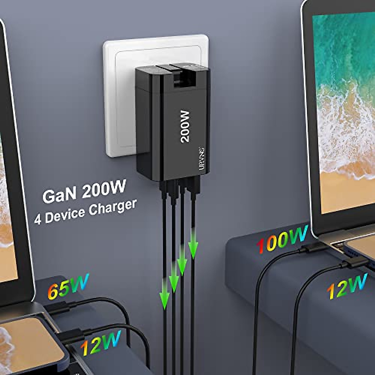 200W USB C Charger, URVNS PD 100W PPS 45W QC22.5W Super Fast Charging GaN Wall Charger with USB C Cable for MacBook iPhone 14 13 12 Pro Max iPad Samsung Pixel and More