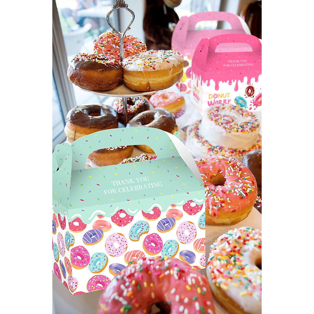 12 PCS Donut Party Bags Donut Party Boxes For Kids Birthday Donut Party Favor Box Donut Goodie Bags Sweet Doughnut Favor Donut Party Supplies