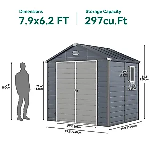 YITAHOME 8x6.2FT Outdoor Resin Storage Shed w/o Floor, All-Weather Plastic Shed with Lockable Doors, Window & Vents, Plastic Tool Shed for Backyard, Patio, Poolside, Lawn, Dark Gray
