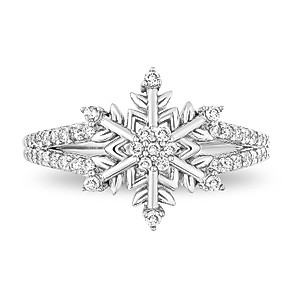 Jewelili Enchanted Disney Fine Jewelry Sterling Silver 1/4 Cttw Diamond Elsa Snowflake Ring, Size 9